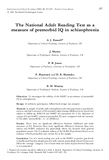 (PDF) The National Adult Reading Test as a measure of premorbid IQ in ...