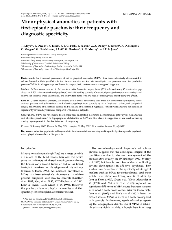 (PDF) Minor physical anomalies in patients with first-episode psychosis ...