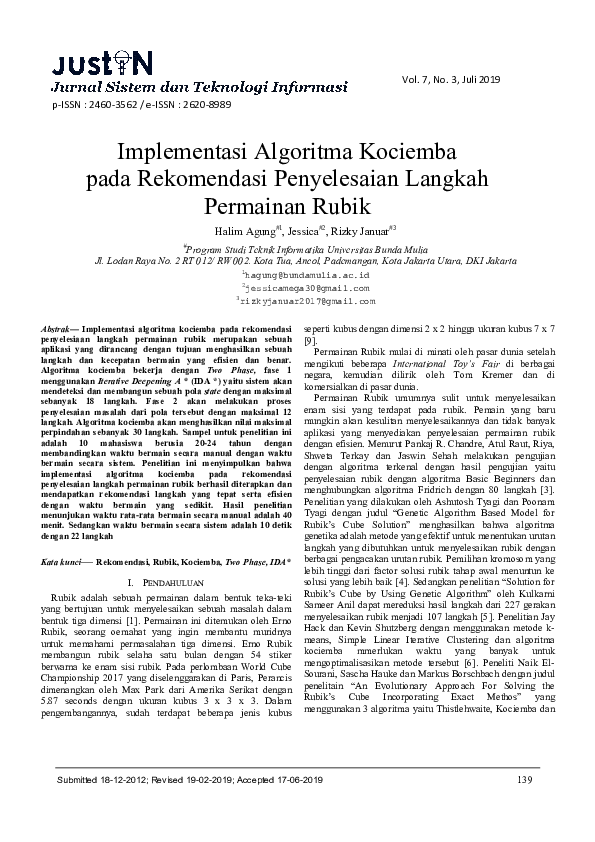 (PDF) Implementasi Algoritma Kociemba pada Rekomendasi Penyelesaian ...