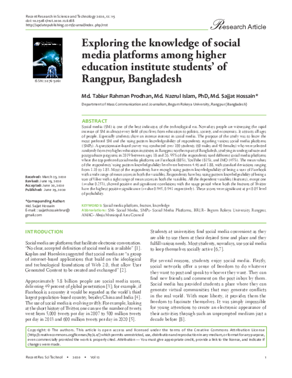 (PDF) Exploring the knowledge of social media platforms among higher education institute ...