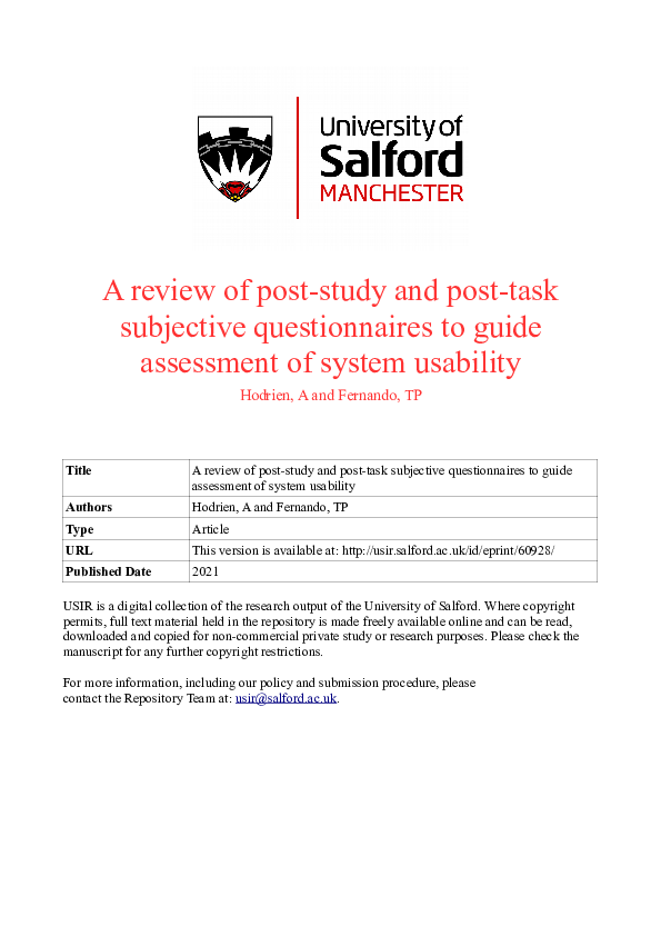 (PDF) A Review of Post-Study and Post-Task Subjective Questionnaires to ...