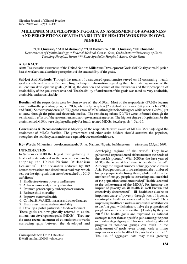 (PDF) Millennium Development Goals: an assessment of awareness and ...