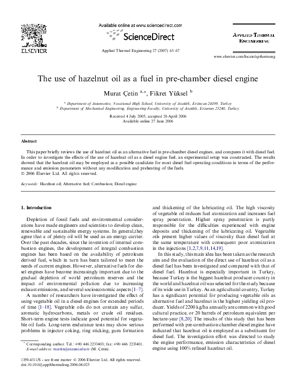 (PDF) The use of hazelnut oil as a fuel in pre-chamber diesel engine