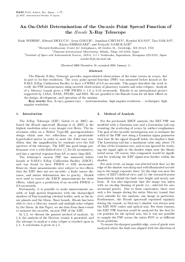 Pdf An On Orbit Determination Of The On Axis Point Spread Function Of The Hinode X Ray