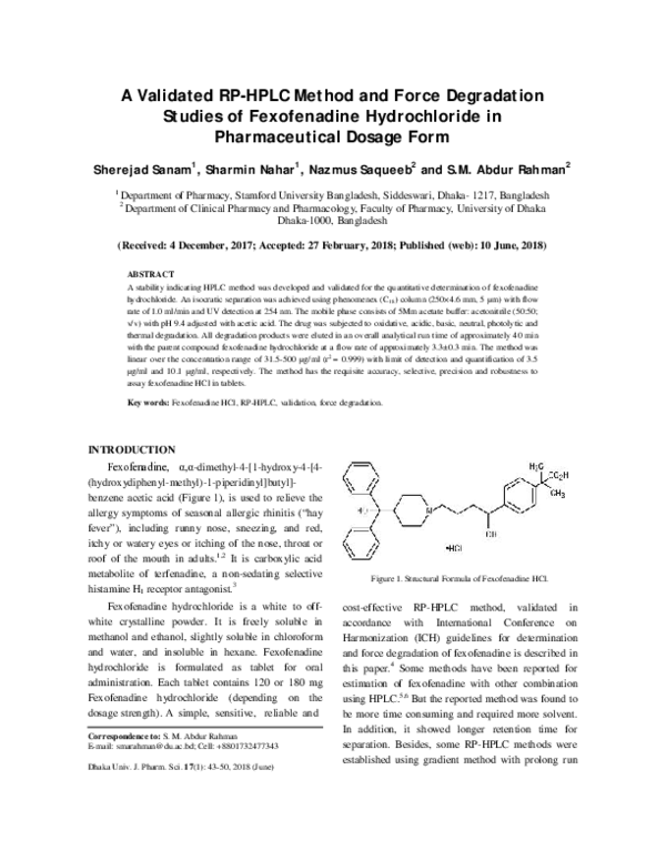(PDF) A Validated RP-HPLC Method and Force Degradation Studies of Fexofenadine Hydrochloride in ...