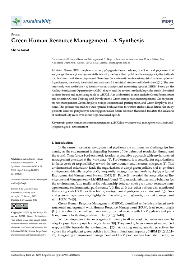 (PDF) Green Human Resource Management—A Synthesis