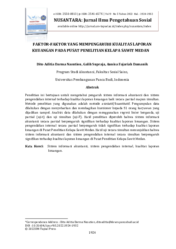 (PDF) Faktor-faktor yang Mempengaruhi Kualitas Laporan Keuangan pada Pusat Penelitian Kelapa ...