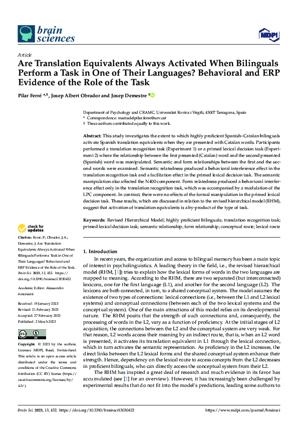 (PDF) Are Translation Equivalents Always Activated When Bilinguals ...