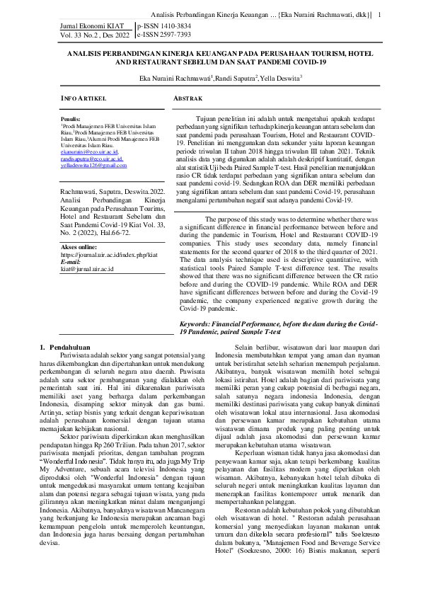 (PDF) Analisis Perbandingan Kinerja Keuangan Pada Perusahaan Tourism, Hotel and Restaurant ...