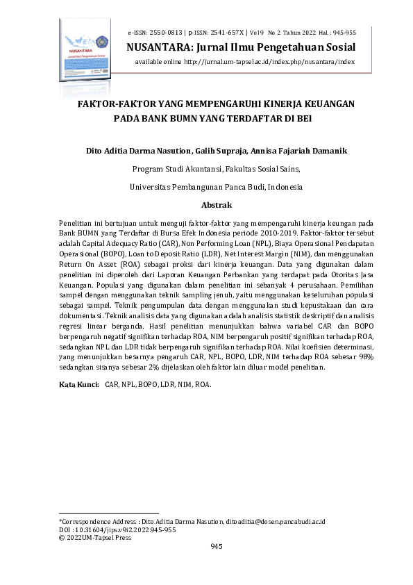 (PDF) Faktor-faktor yang Mempengaruhi Kinerja Keuangan pada Bank BUMN yang Terdaftar di BEI