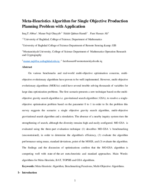 Pdf Meta Heuristics Algorithm For Single Objective Production Planning Problem With Application