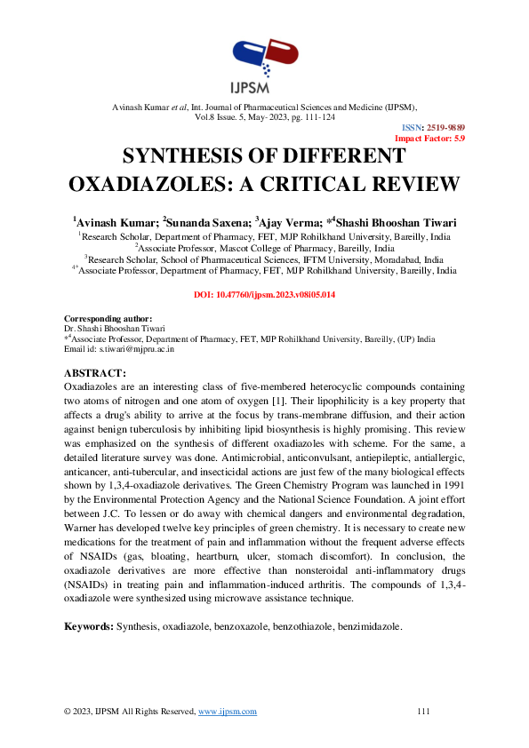 (PDF) SYNTHESIS OF DIFFERENT OXADIAZOLES: A CRITICAL REVIEW | IJPSM Journal - Academia.edu