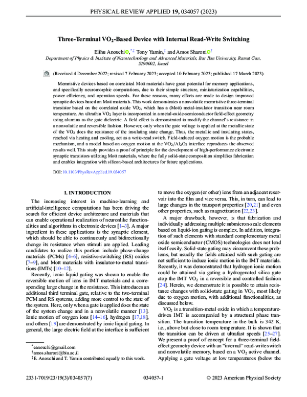 (PDF) Three-Terminal VO2 -Based Device with Internal Read-Write Switching