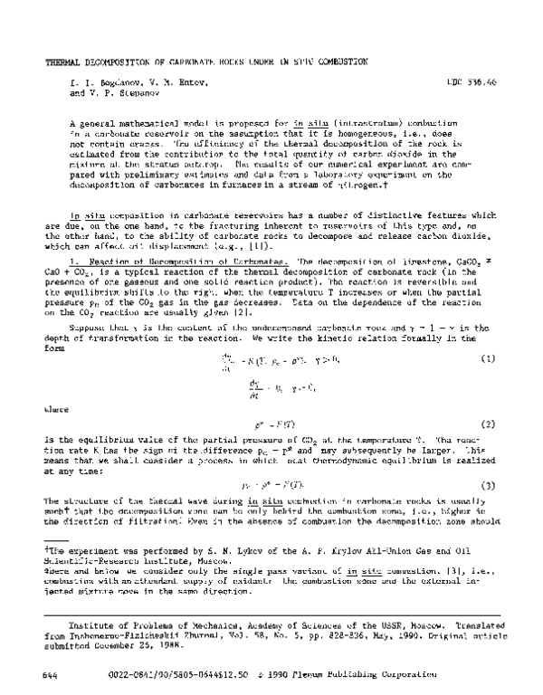 (PDF) Thermal decomposition of carbonate rocks under in situ combustion
