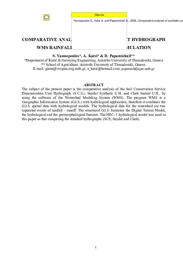 (PDF) Comparative Analysis of Synthetic Unit Hydrograph Method using WMS Rainfall