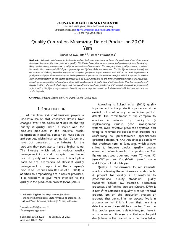 (PDF) Quality Control on Minimizing Defect Product on 20 OE Yarn | Fitdhan Primananda - Academia.edu