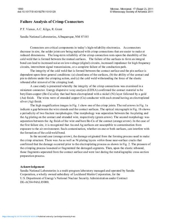 (PDF) Failure Analysis of Crimp Connectors | Paul Vianco - Academia.edu