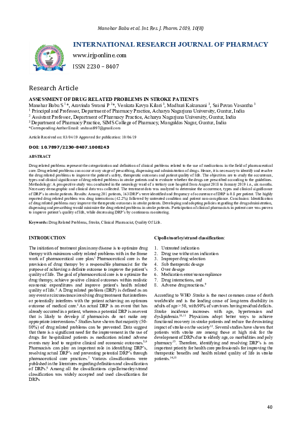 (PDF) Assessment of Drug Related Problems in Stroke Patients