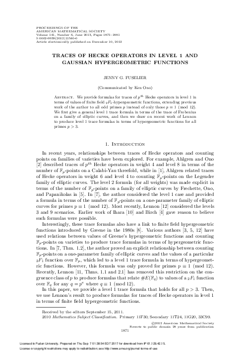 Pdf Traces Of Hecke Operators In Level 1 And Gaussian Hypergeometric