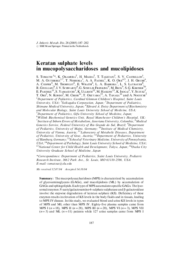 (PDF) Keratan sulphate levels in mucopolysaccharidoses and mucolipidoses