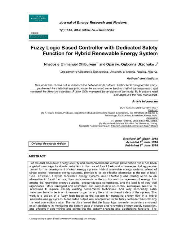 Pdf Fuzzy Logic Based Controller With Dedicated Safety Function For Hybrid Renewable Energy System