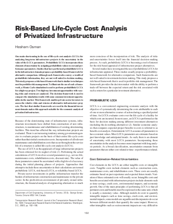 (PDF) Risk-Based Life-Cycle Cost Analysis of Privatized Infrastructure