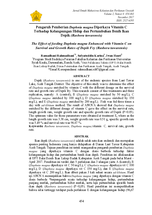 (PDF) Pengaruh Pemberian Daphnia magna Diperkaya Vitamin C Terhadap Kelangsungan Hidup dan ...