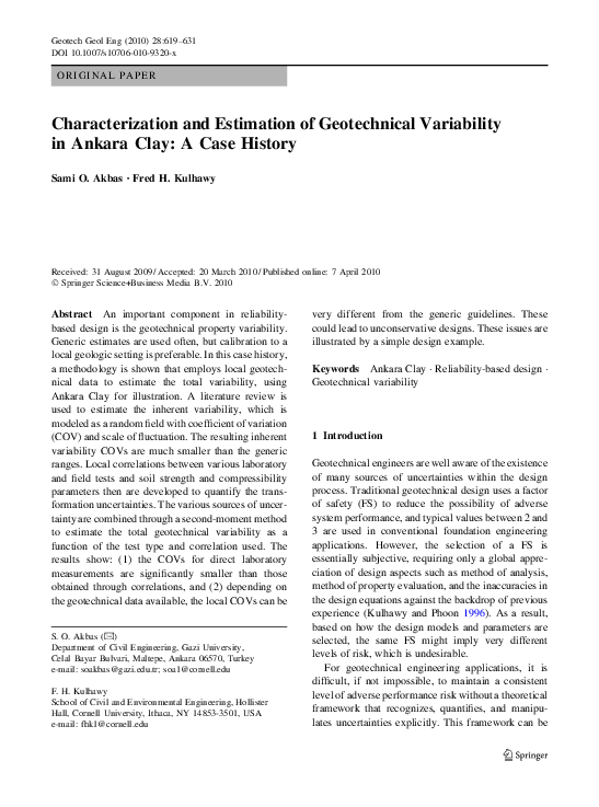 (PDF) Characterization and Estimation of Geotechnical Variability in Ankara Clay: A Case History