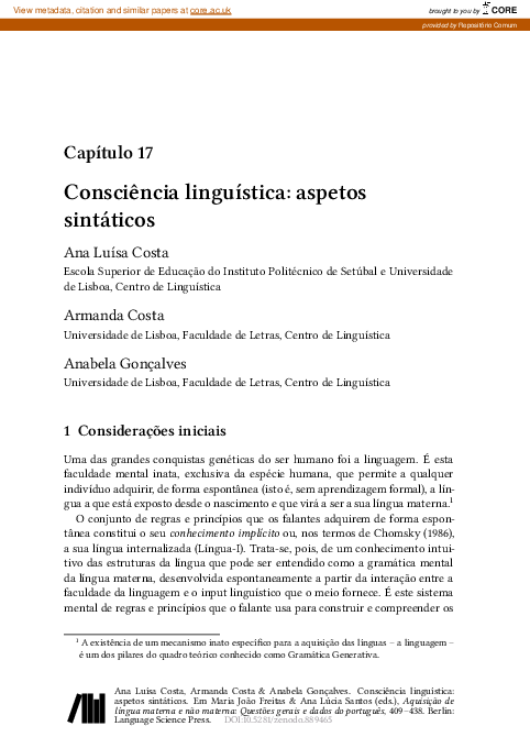 (PDF) Consciência Linguística: Aspetos Sintáticos