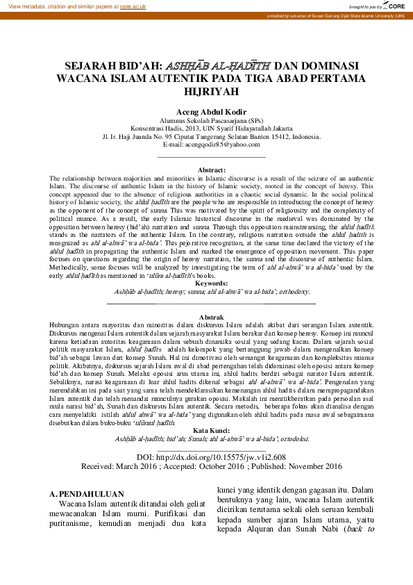 (PDF) Sejarah Bid’ah: Ashhab Al-Hadith Dan Dominasi Wacana Islam ...