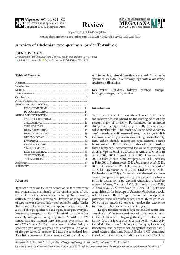 (PDF) A review of Chelonian type specimens (order Testudines) | John ...