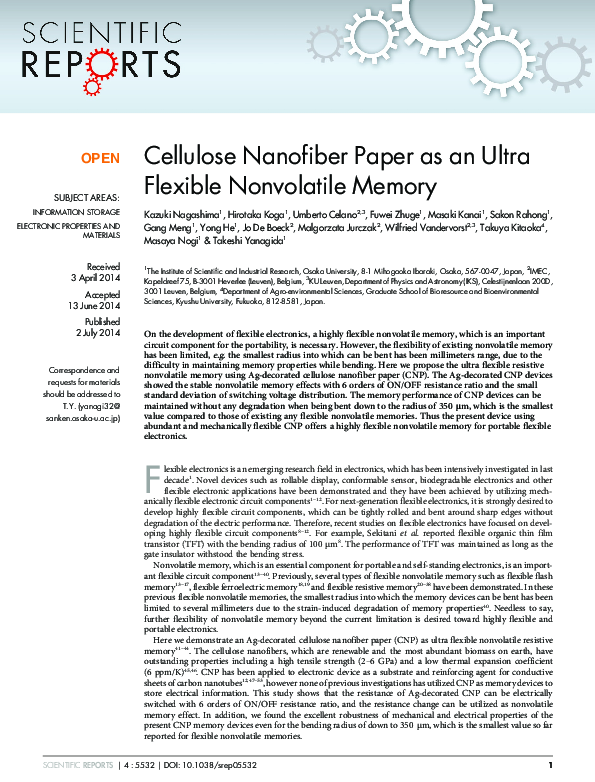 (PDF) Cellulose nanofiber paper as an ultra flexible nonvolatile memory