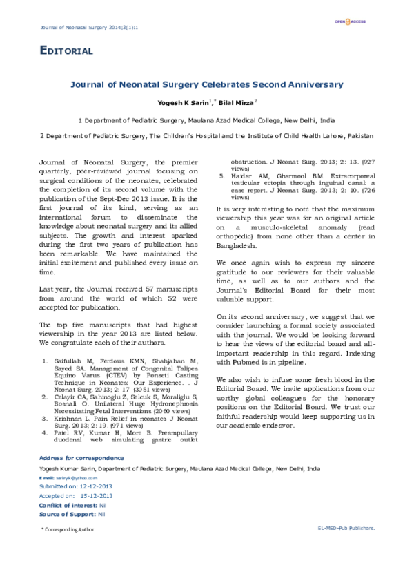 (PDF) Journal of Neonatal Surgery Celebrates Second Anniversary ...