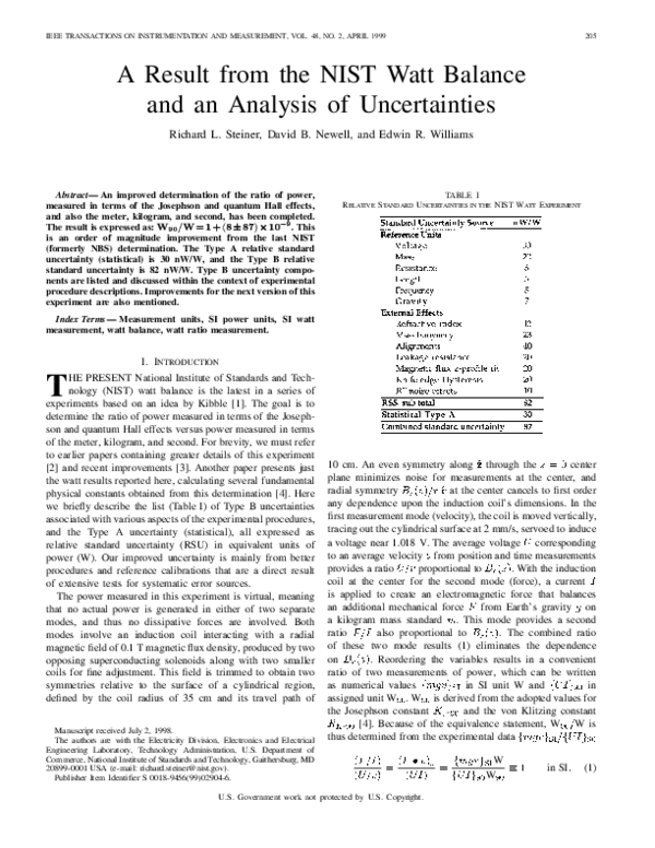 (PDF) A result from the NIST watt balance and an analysis of uncertainties