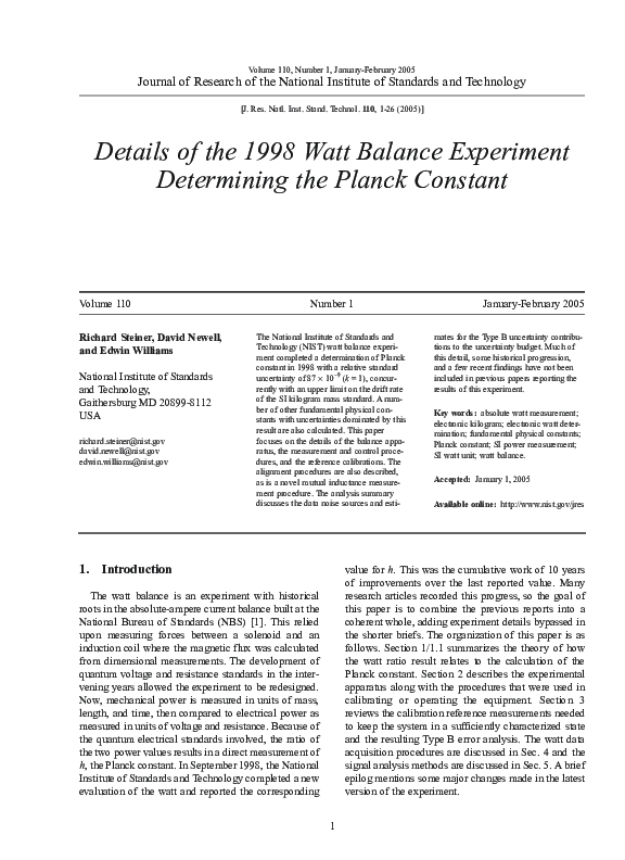 (PDF) Details of the 1998 Watt Balance Experiment Determining the ...