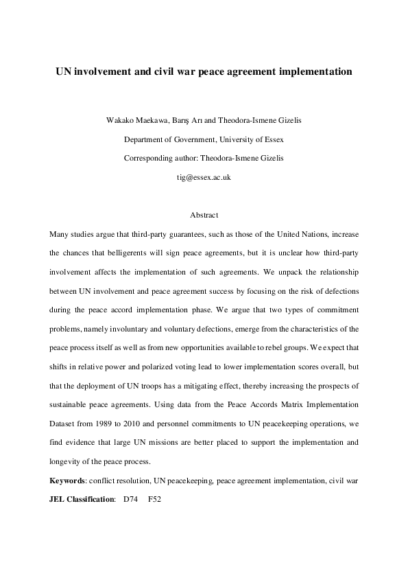 (PDF) UN involvement and civil war peace agreement implementation