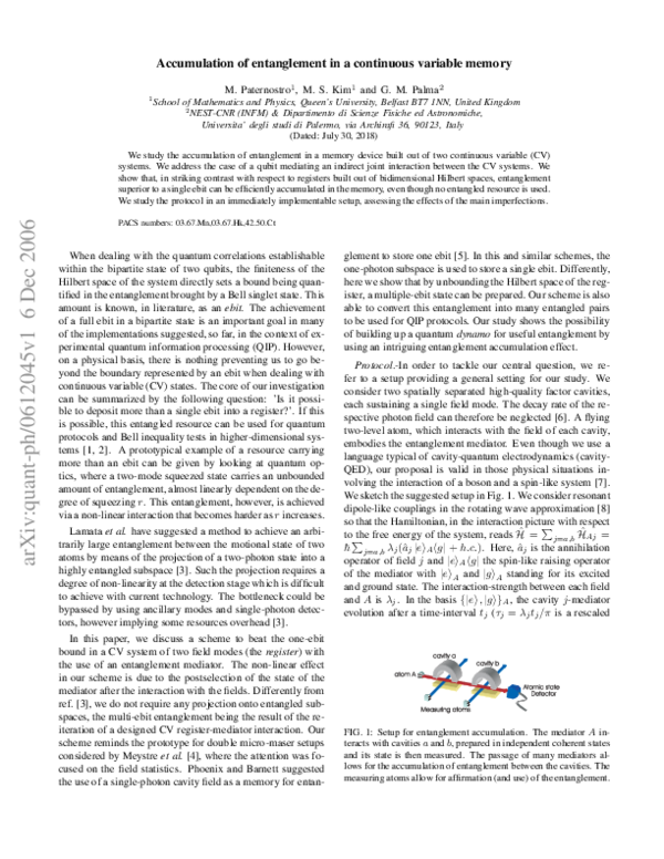 (PDF) Accumulation of Entanglement in a Continuous Variable Memory | M. Paternostro - Academia.edu