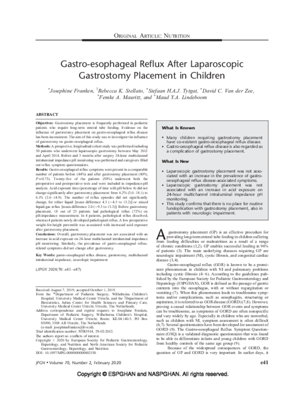 Gastro-esophageal Reflux After Laparoscopic Gastrostomy Placement in Children