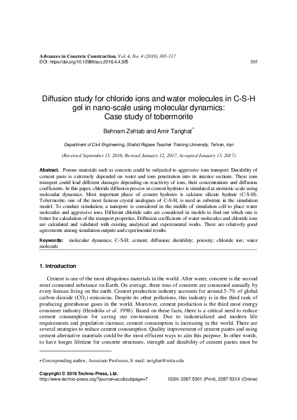 (PDF) Diffusion study for chloride ions and water molecules in C-S-H gel in nano-scale using ...