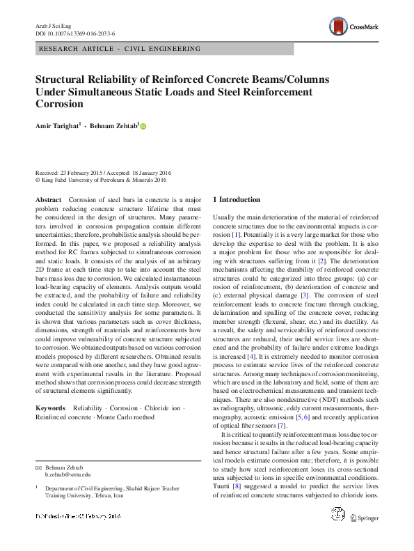 Pdf Structural Reliability Of Reinforced Concrete Beams Columns Under Simultaneous Static