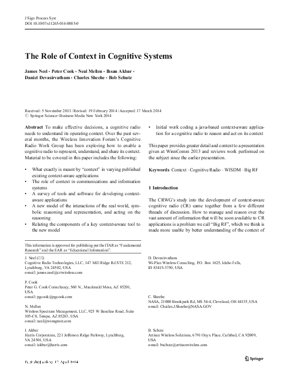 (PDF) The Role of Context in Cognitive Systems