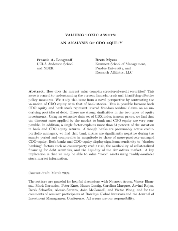 (PDF) Valuing Toxic Assets: An Analysis of CDO Equity