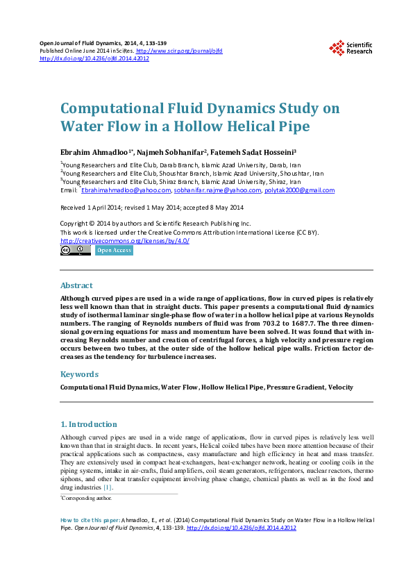 (PDF) Computational Fluid Dynamics Study on Water Flow in a Hollow Helical Pipe | Fatemeh Sadat ...