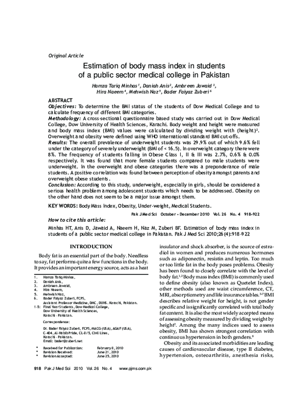 (PDF) Estimation of body mass index in students of a public sector medical college in Pakistan