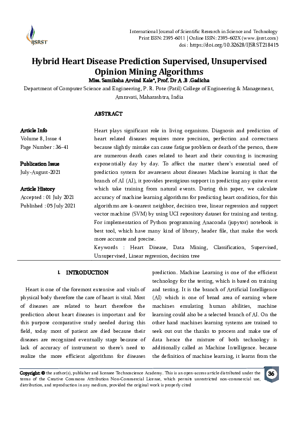 (PDF) Hybrid Heart Disease Prediction Supervised, Unsupervised Opinion Mining Algorithms