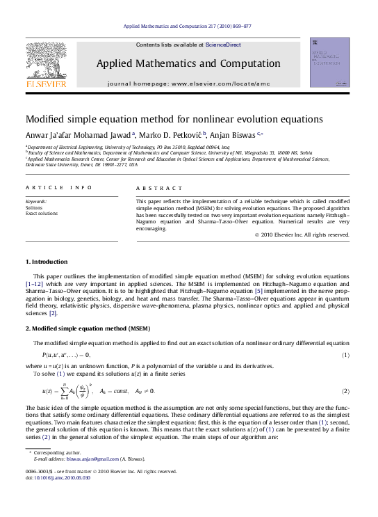 Pdf Modified Simple Equation Method For Nonlinear Evolution Equations