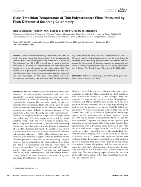 (PDF) Glass transition temperature of thin polycarbonate films measured ...