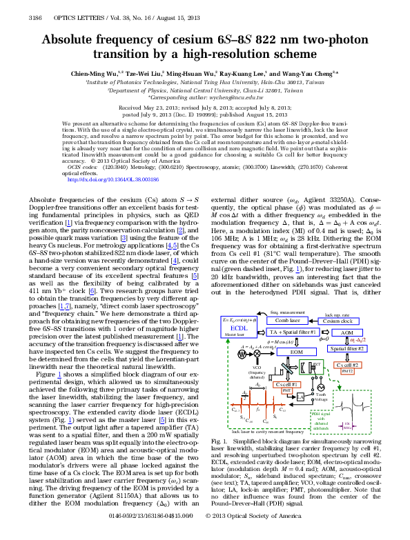 (PDF) Absolute frequency of cesium 6S–8S 822 nm two-photon transition by a high-resolution scheme