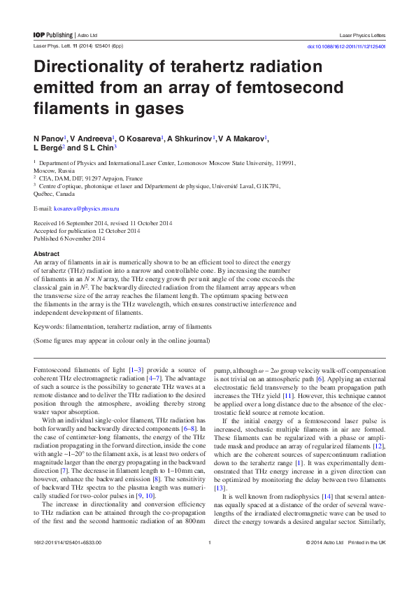 Pdf Directionality Of Terahertz Radiation Emitted From An Array Of Femtosecond Filaments In Gases