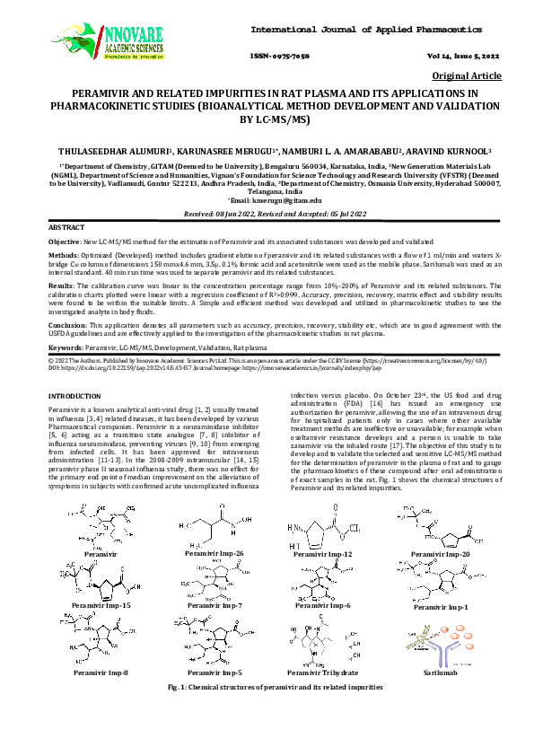 (PDF) Peramivir and Related Impurities in Rat Plasma and Its Applications in Pharmacokinetic ...